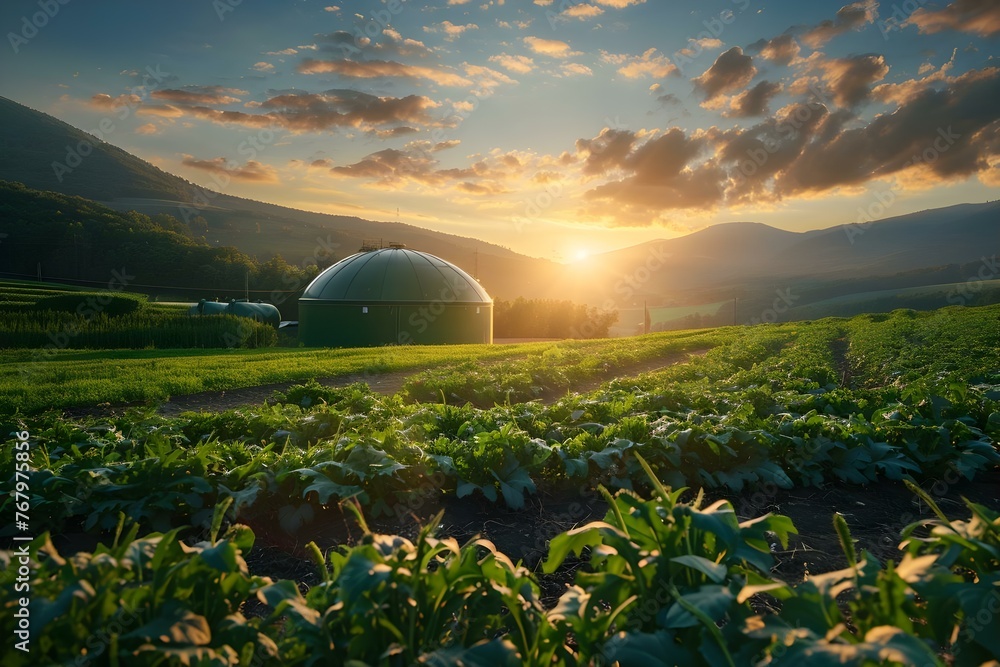 Biogas plant in rural area at sunset converting organic waste into bioenergy. Concept Bioenergy ...