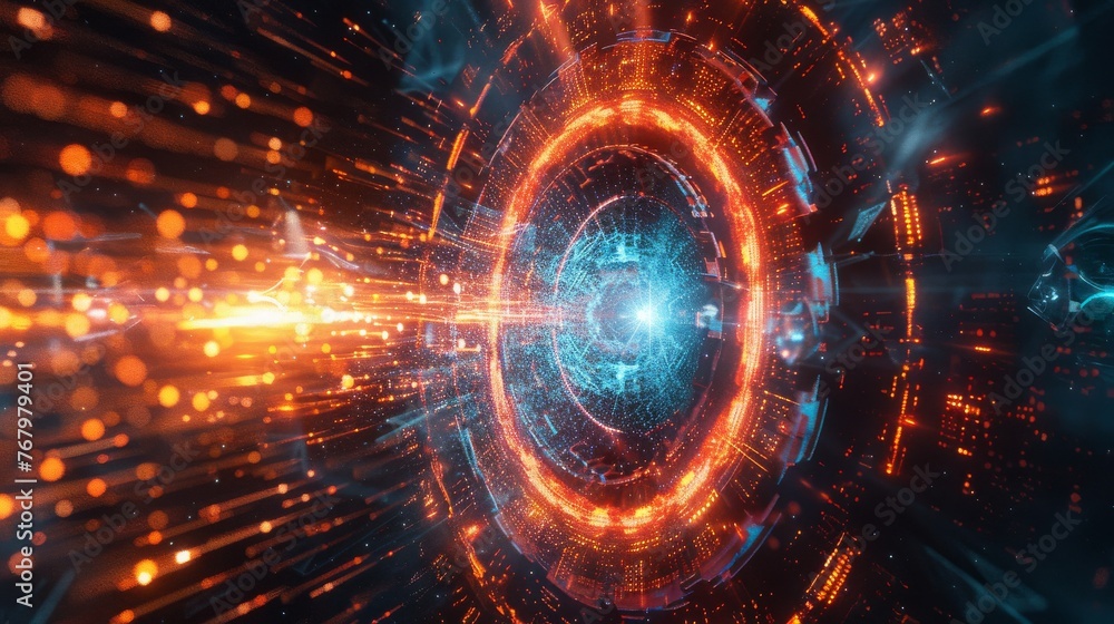 A powerful quantum computer core emitting energy, with encryption ...