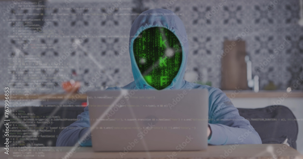 Hacker in hood, code face, working in room laptop typing digital virtus ...
