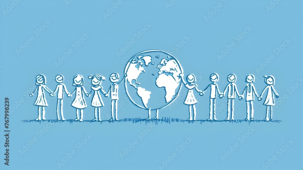 Minimalist Line Art of Students Holding Hands Around a Globe ...