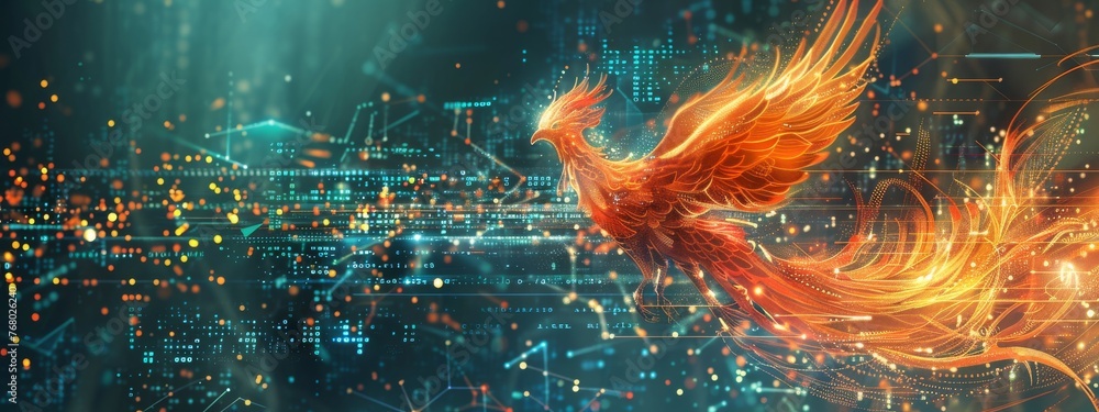 Illustration of a cyber phoenix rising from the ashes of a compromised ...