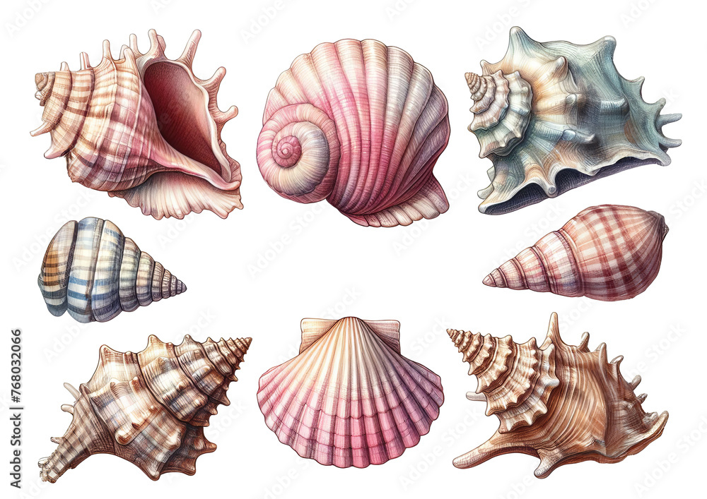 Digital drawing realistic beautiful sea shells of various colors and ...