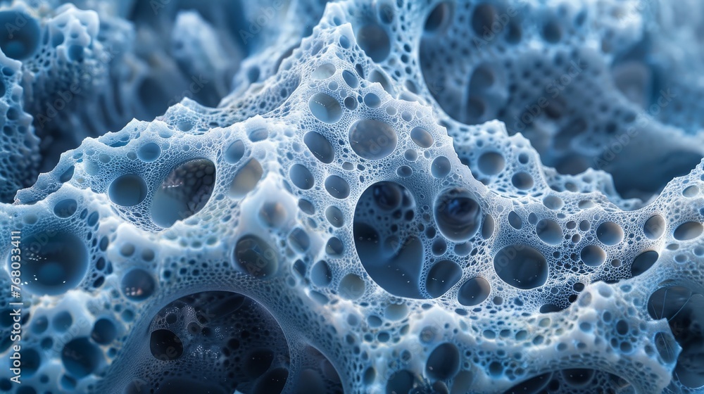 A macro photograph resembling a blue cellular foam structure ...