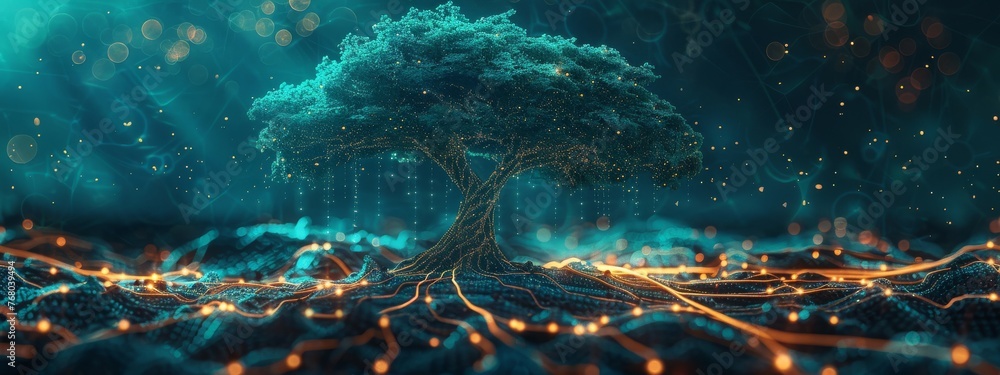 Visual metaphor of a digital tree with roots shaped like a network ...