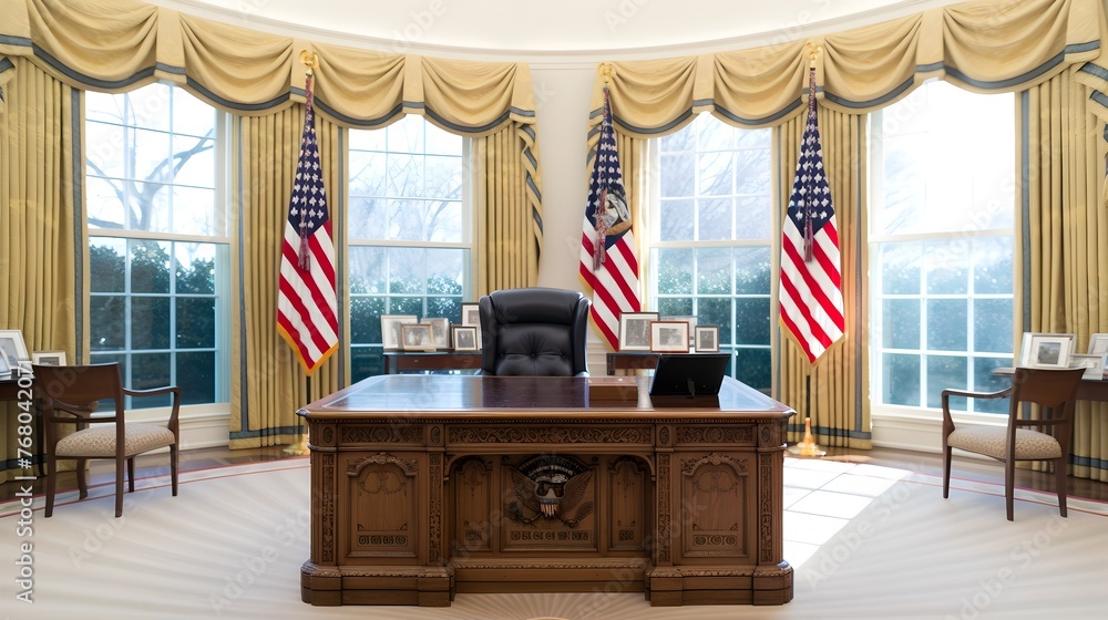 Presidential office with American flags - The iconic Oval Office ...