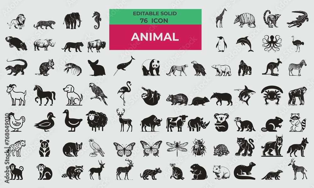 76 Solid Icons for Animal set in fill style. Excellent icons collection ...