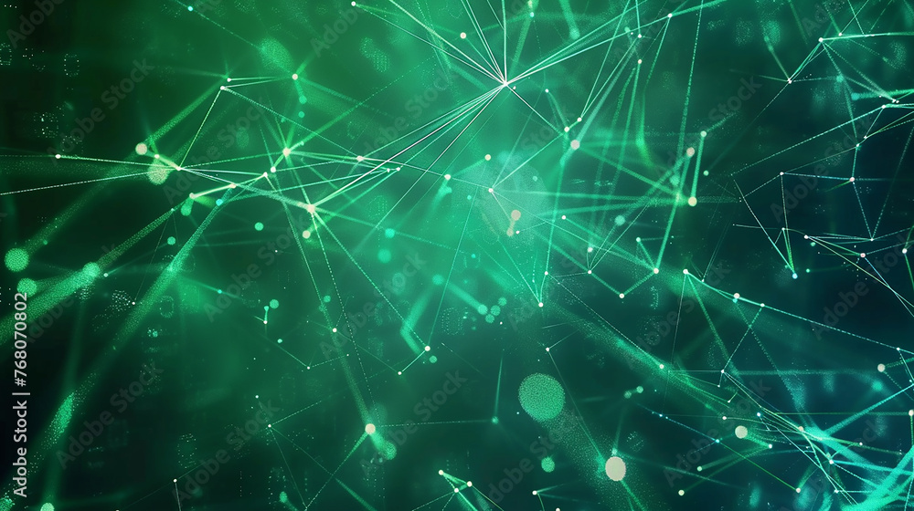 Abstract plexus tech background with glowing blue and green connecting ...