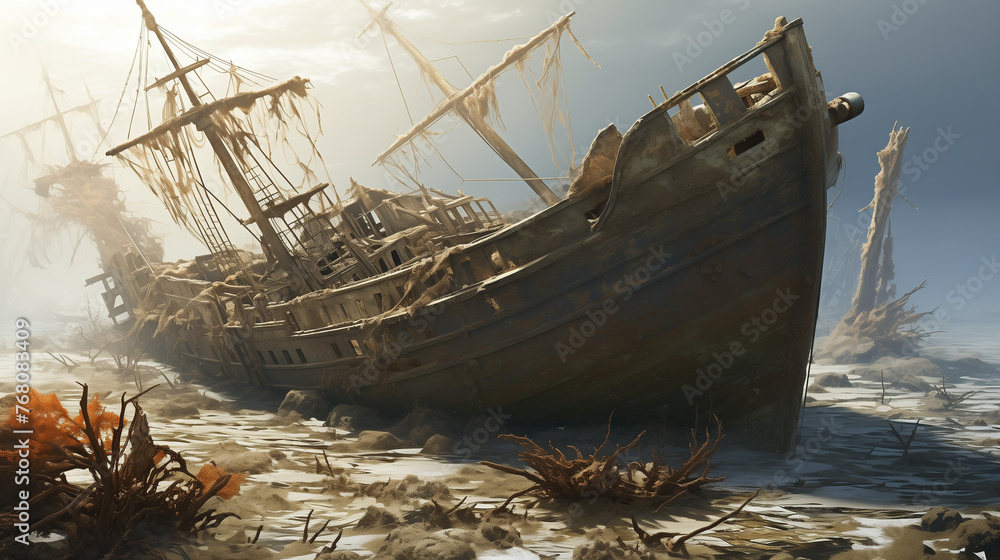 An HD capture of a shipwreck aftermath: two boats entangled, their ...