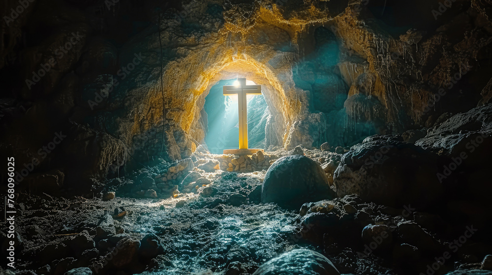 Cross and Empty tomb of Jesus. Christian Easter background, generative ...