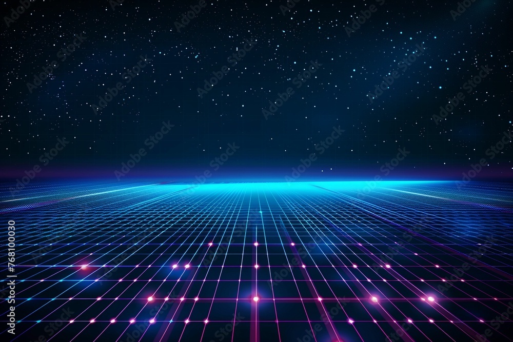 Synthwave Vaporwave Retrowave Cyber Background With Copy Space, Laser Grid, Starry Sky, Blue ...