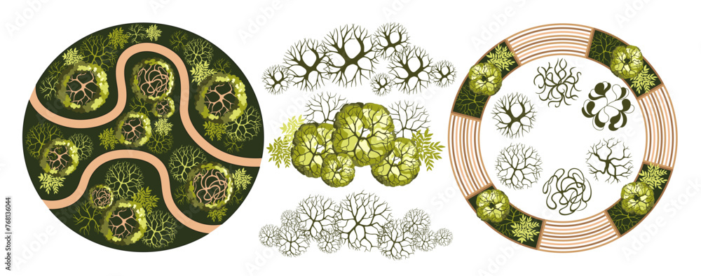 Top view elements for the landscape design plan. Trees and benches for ...