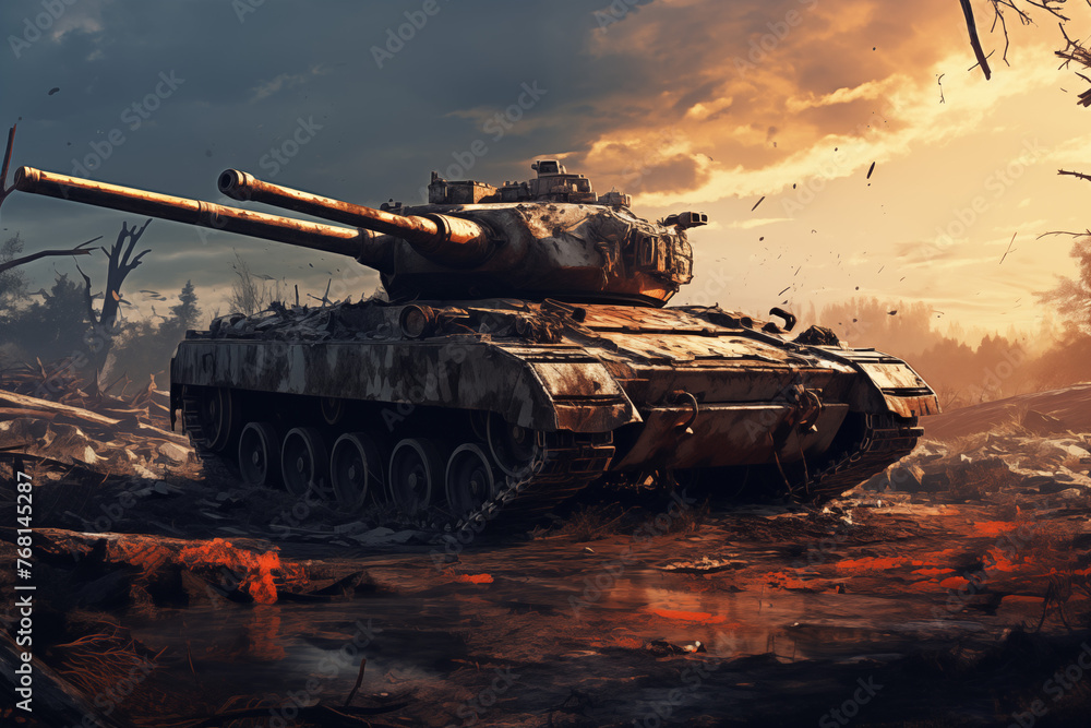 Ilustración de Stock Tank on a battlefield. World War II. Third World ...