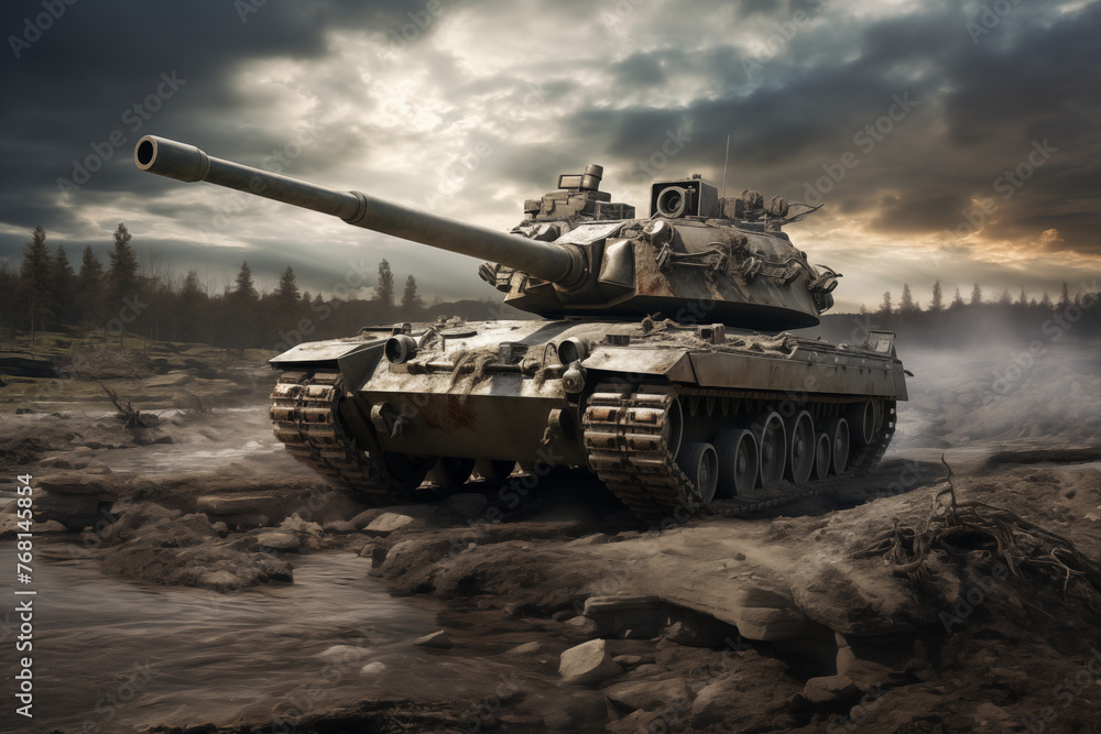 Tank on a battlefield. World War II. Third World War. War between ...
