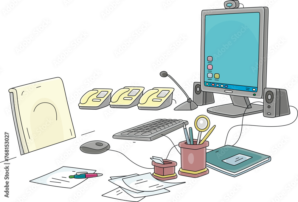 Work desk of a government official with a computer monitor, a webcam ...