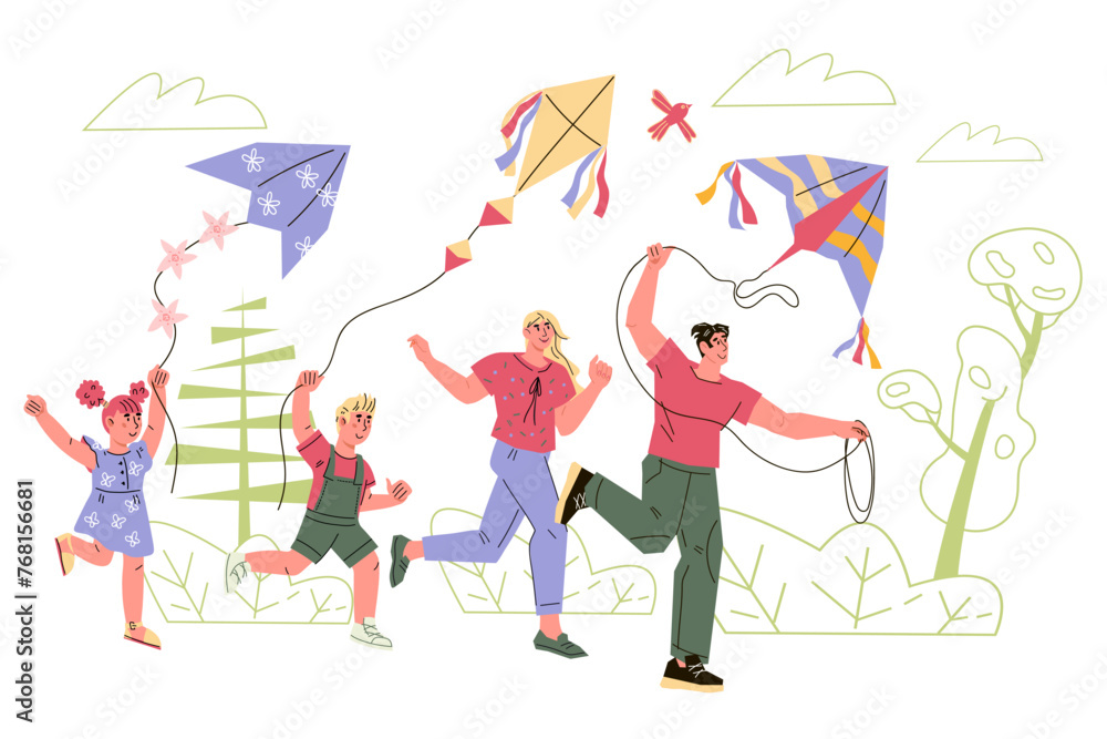 Family time with fun kite flying activities.Summer family leisure ...