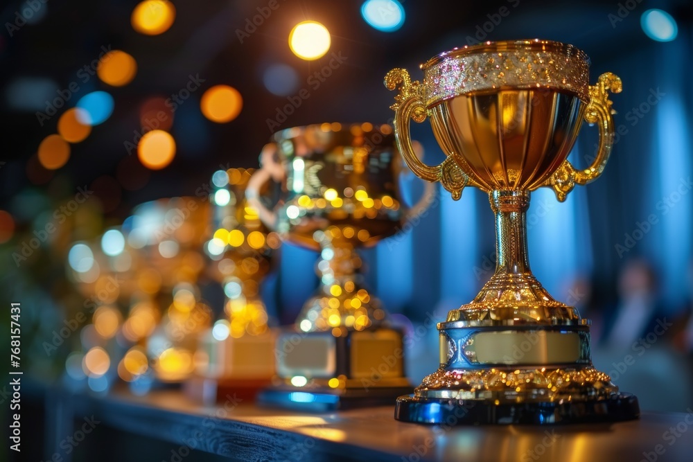 Elegant golden trophies lined up, shining under the spotlight during a ...