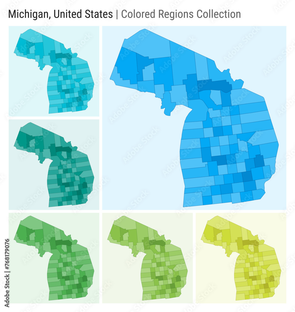 Michigan, United States. Map collection. State shape. Colored counties ...