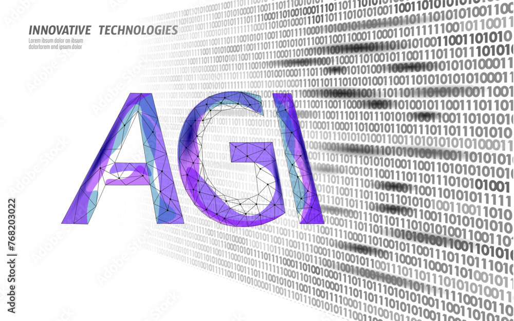Artificial general intelligence wire letter symbols. Data binary code flow. Minimalist style AGI ...