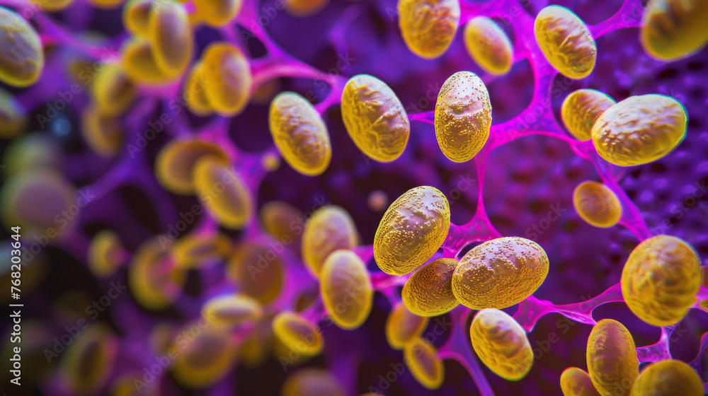 Clustered spherical bacteria cells are depicted in vibrant orange and ...