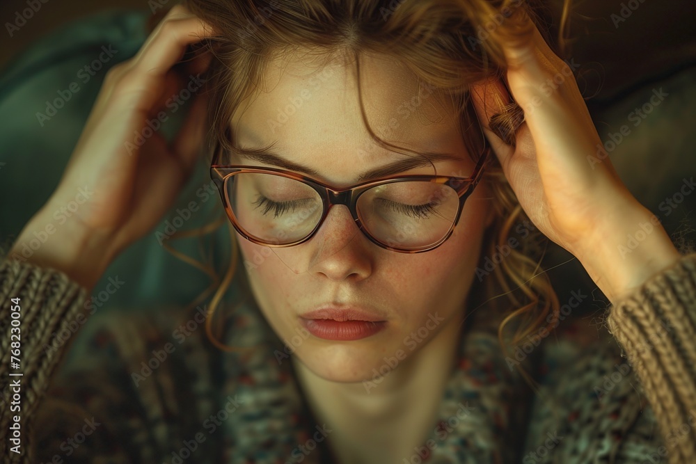 This image captures a drained woman massaging her eyelids and setting ...