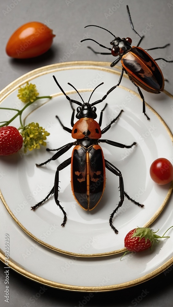 Insects, beetles and larvae as food on served plates. Concept Hunger ...