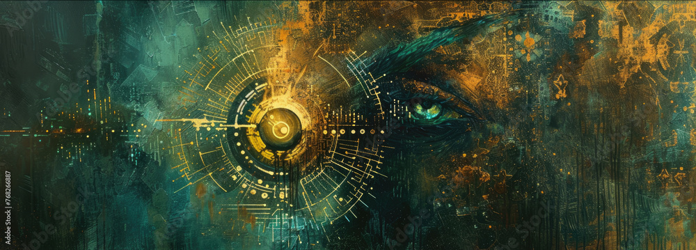 Hacker eye on digital data background, banner with abstract network ...