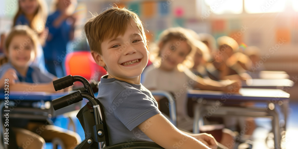 Cheerful preteen boy sitting in a wheelchair in a classroom in school ...
