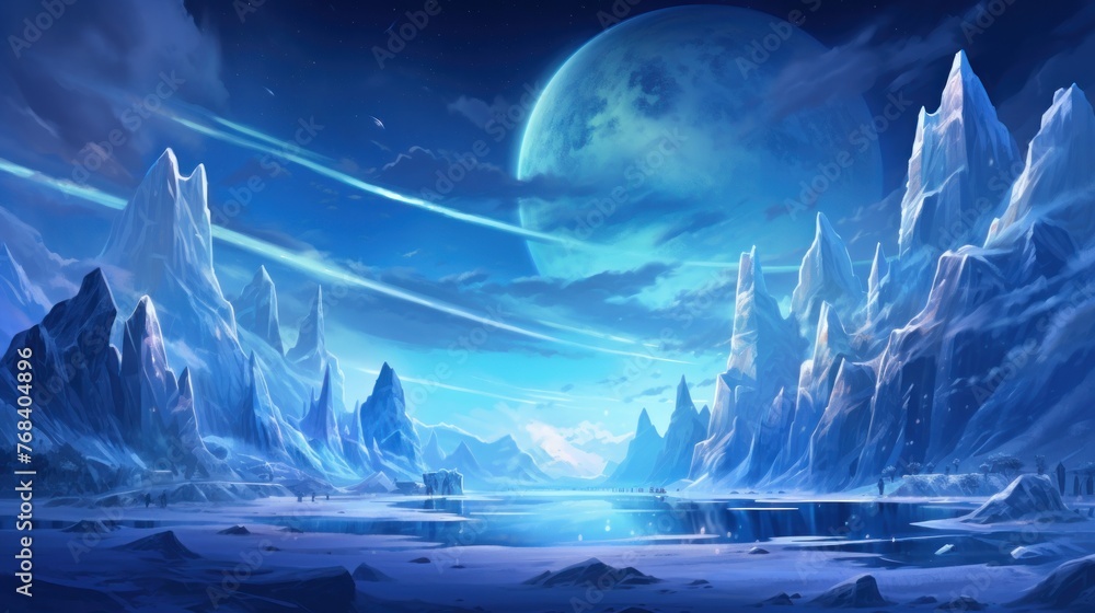 Illustrate an icy and alien planet with towering ice spires, frozen ...