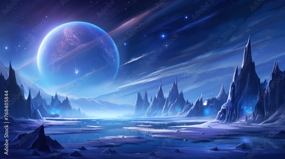 Illustrate an icy and alien planet with towering ice spires, frozen ...