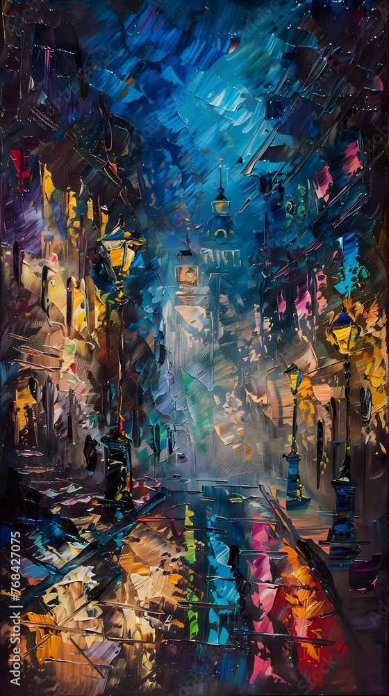 Classic Street Scene Colorful Oil Painting old style Drawing Technique ...