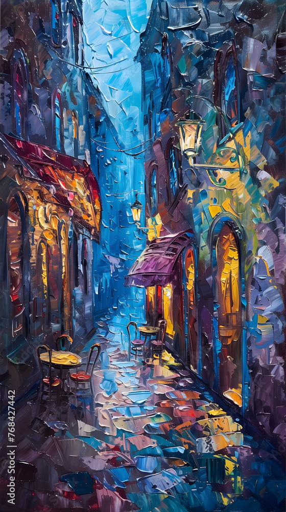 Classic Street Scene Colorful Oil Painting old style Drawing Technique ...