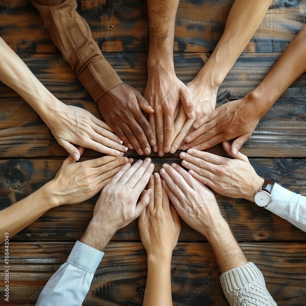 Closeup of diverse hands together, forming a circle over a meeting ...