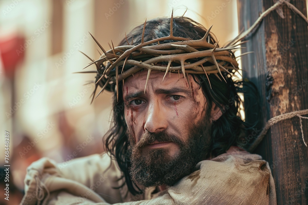 Jesus Christ wearing a crown of thorns. Stock Photo | Adobe Stock