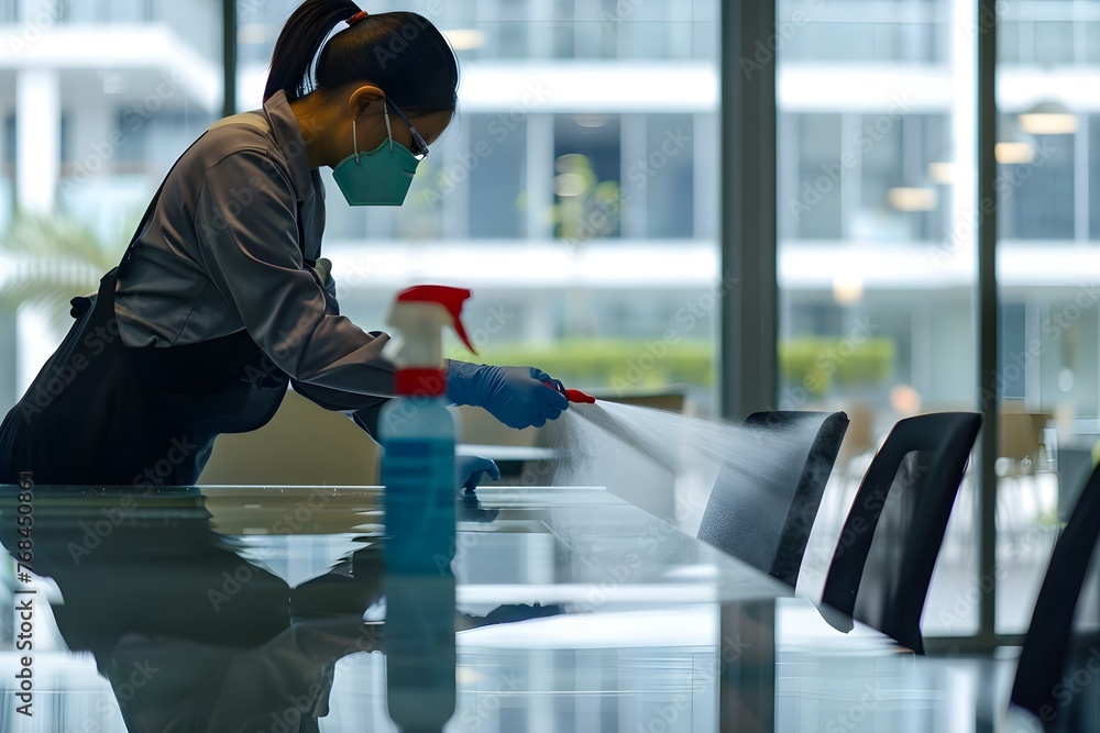 Cleaning staff disinfecting tables in corporate office with cloth and ...