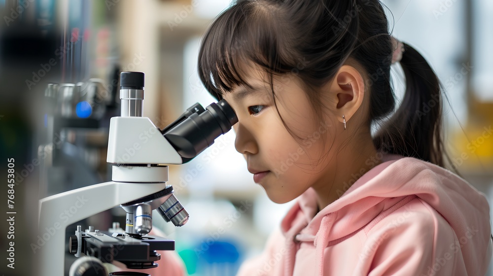 Inquisitive young girl using a microscope in a science lab. Educational ...