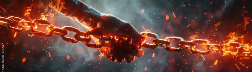 Fiery sparks fly as hands break a burning chain, a testament to ...