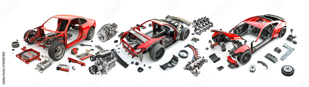 Illustration of three red car bodies with the parts on the side for ...