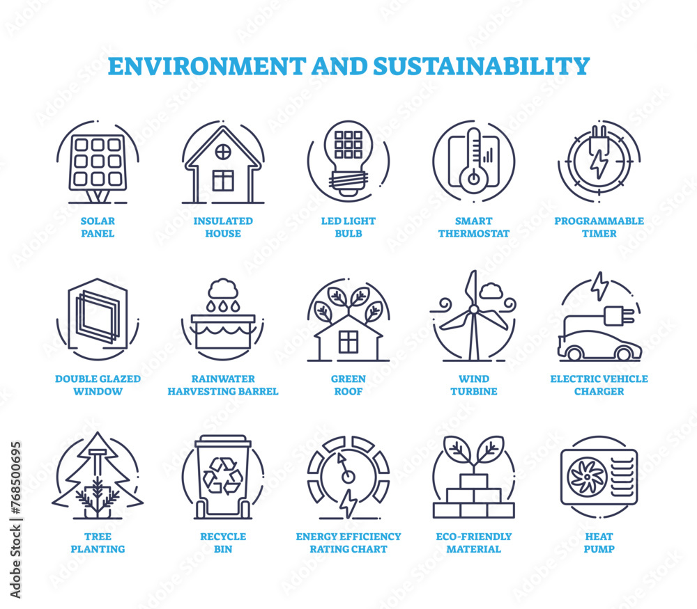 Energy efficient house icons for sustainable home outline collection ...