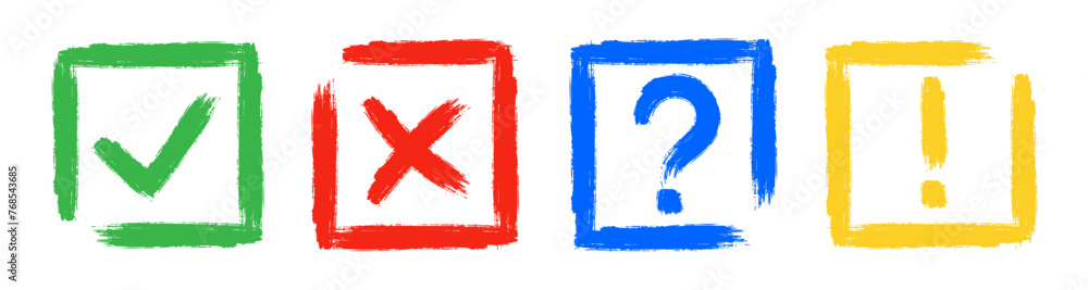 Dirty grunge cross x, tick OK, exclamation and question check marks in ...