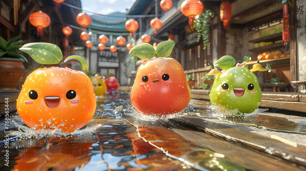 Adorable animated fruit characters with cheerful faces are having a ...