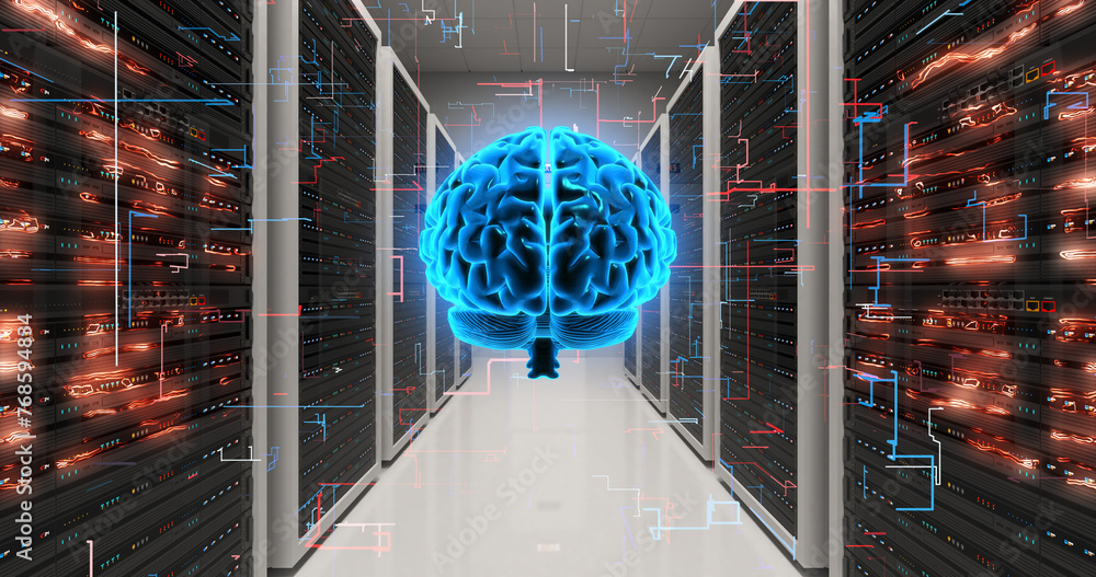 Server room in modern data center. Electrical signals flowing in high ...