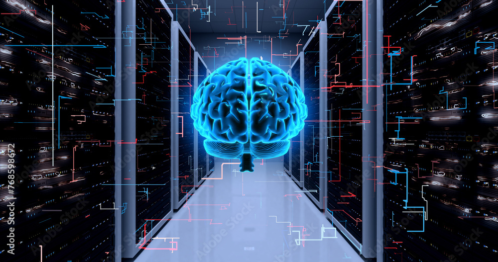 Server room in modern data center. Electrical signals flowing in high speed. Artificial ...