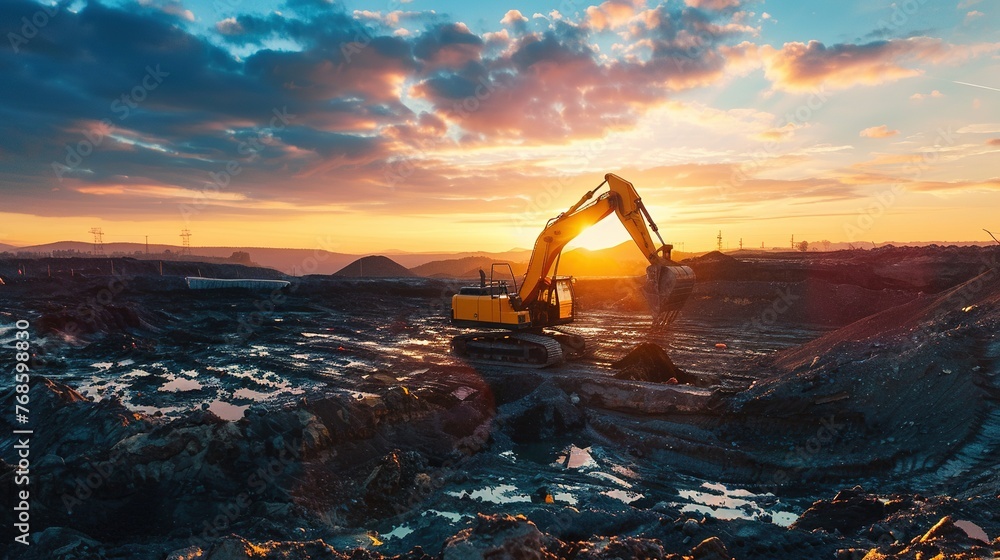Working Excavator on Site with Beautiful Sunset. Loading, Field, Dig ...