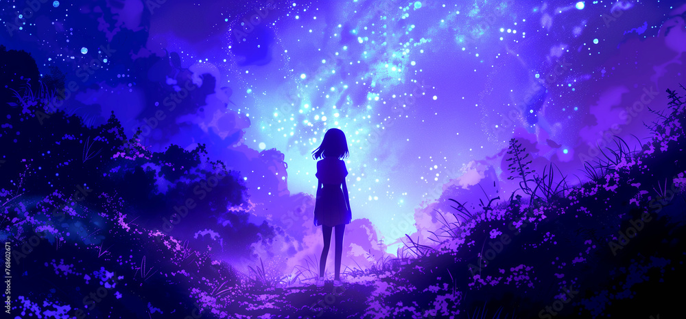 Anime illustrator style girl in space. All in purple and blue neon ...