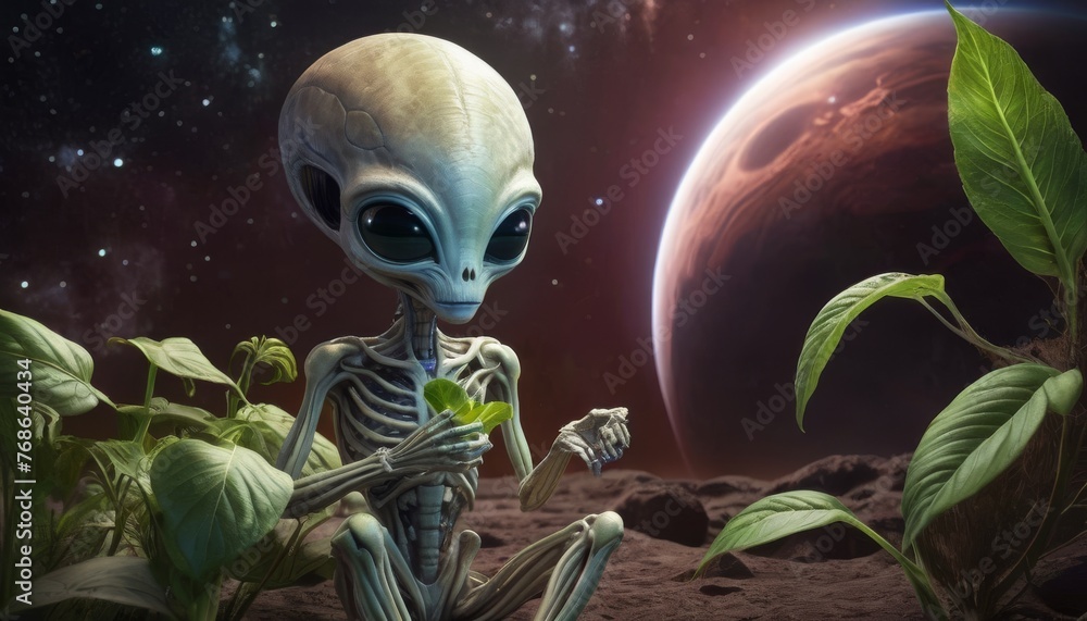 An alien with a skeletal structure sits on a lunar surface, tenderly ...