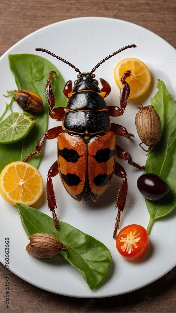 Insects, beetles and larvae as food on served plates. Concept Hunger ...