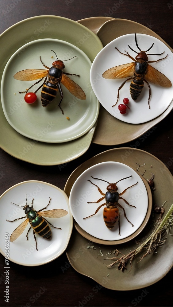 Insects, beetles and larvae as food on served plates. Concept Hunger ...