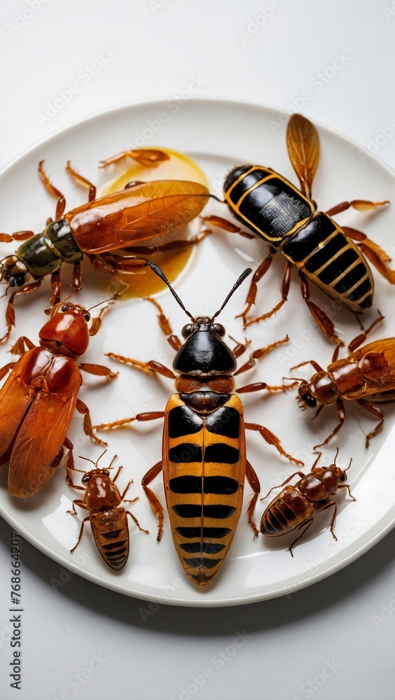 Insects, beetles and larvae as food on served plates. Concept Hunger ...