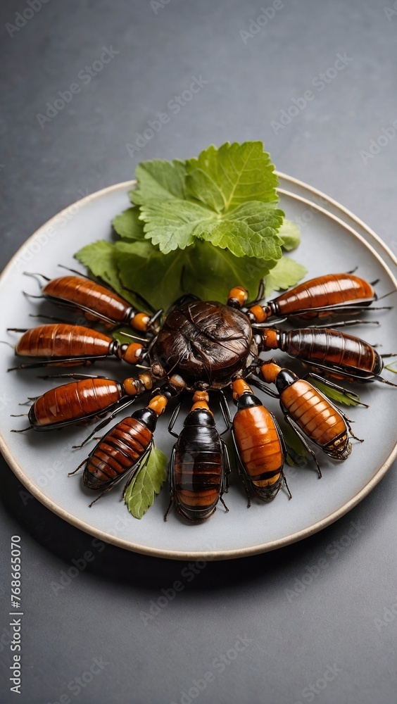 Insects, beetles and larvae as food on served plates. Concept Hunger ...