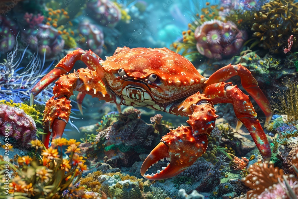 Vibrant Underwater Scene with Majestic Orange Crab among Colorful Coral ...